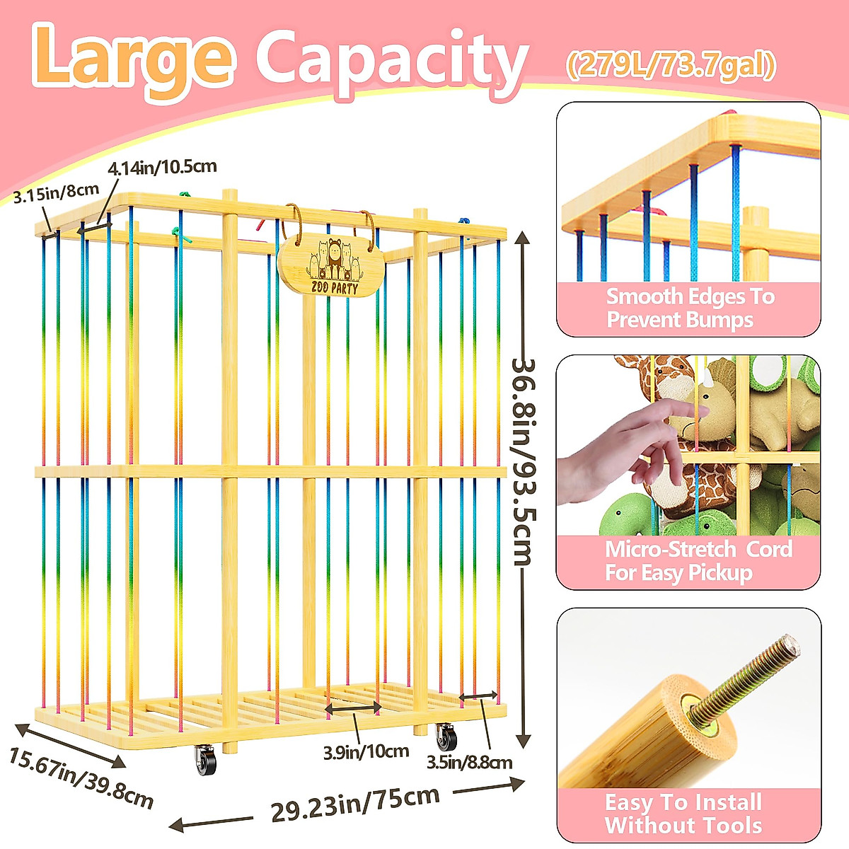 Extra Large Stuffed Animal Organizer, Bamboo Stuffed Animal Zoo Storage Cage, Stuffed Animal Holder with Wheels, Plush Toy Storage Organizer, Stuffed Animals Storage for Nursery Playroom
