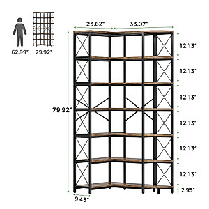 Condemo 7-Shelf Reversible Corner Bookshelf, Modern Industrial Tall Bookcase, 7-Tier Large L-Shaped Storage Shelf Display Rack with Metal Frame for Living Room, Home Office, Bedroom, Rustic Brown
