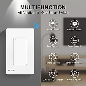 IBRIGHT Smart Light Switch, Works with Alexa & Google Home (3-Way), Remote Control & Timer Function, Neutral Wire Needed, No Hub Required, Single-Pole, ETL & FCC Certified (2.4Ghz Wi-Fi Only)