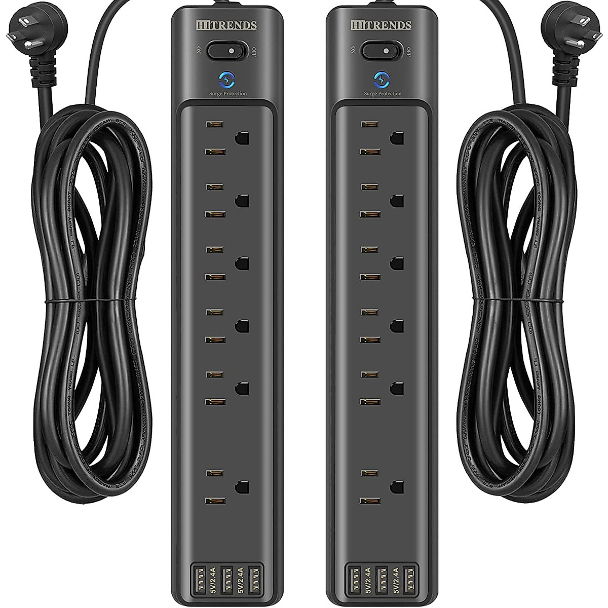 Power Strip 2-Pack, HITRENDS Surge Protector with 6 AC Outlets & 3 USB Charging Ports, 5 Feet Heavy Duty Extension Cord, 1875W/15A Multiplug for Home Office & Multiple USB Devices - Black