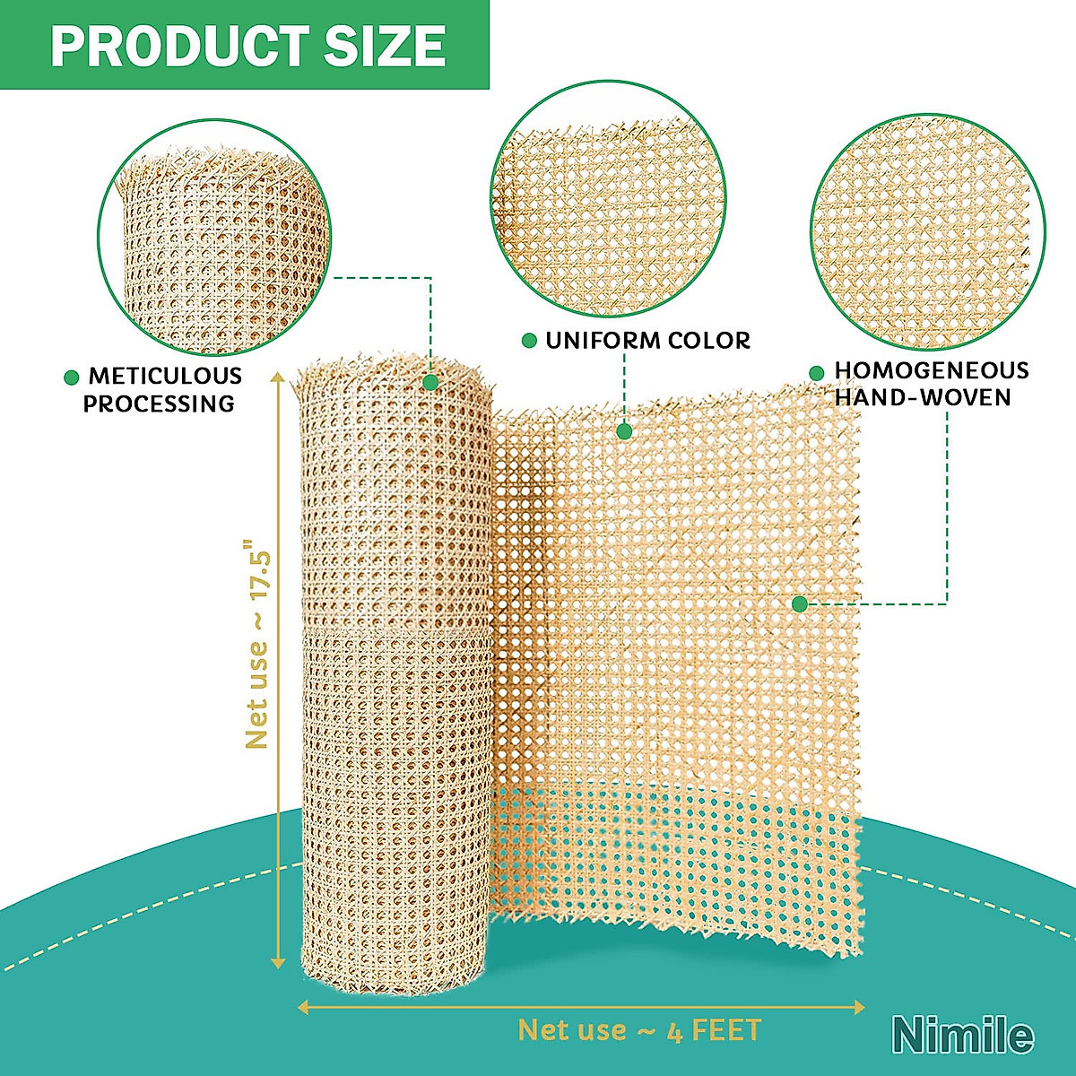 Nimile Cane Webbing Roll 17.5''W x 4Ft, Natural Rattan Webbing for DIY Home Decor Caning Projects, Woven Open Mesh Cane for Furniture, Chair, Cabinet, Ceiling or Ornaments Indoor