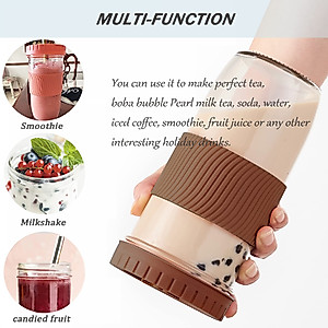 Amyoole 2 Pack Reusable Boba Cup,24Oz Wide Mouth Smoothie Cup,mason Jar Glass Cups with Lids and Straws,Bubble/Boba Tea Cups,Ice Coffee Tumbler 2 colored straws 1 sponge brush(Brown)