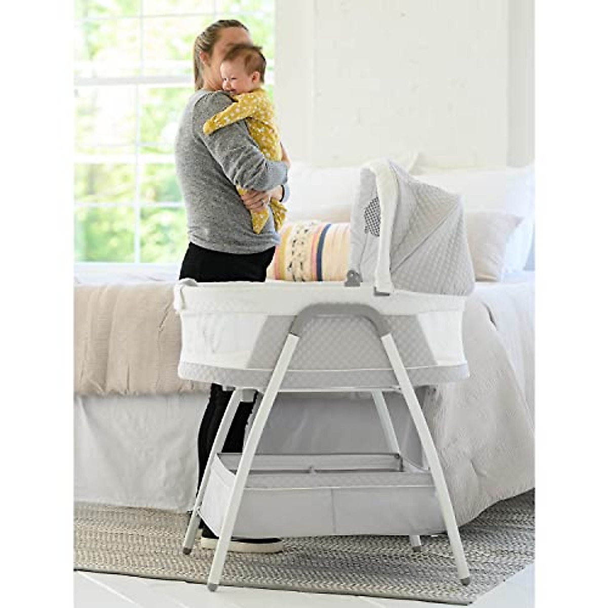 TruBliss Baby 2-in-1 Journey Convertible Infant Bassinet Crib Sleeper with Nightlight, Vibrations, Lullabies, and Nature Noises, Soft Grey