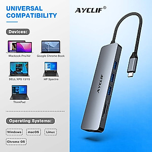 AYCLIF 6 in 1 USB C Hub, Dual Display USB C Adapter for MacBook Pro/Air, USB 3.0 5Gbps Fast Docking Station (4K HDMI,SD/TF,USB A 3.0) for Dell,Surface,HP,Lenovo and Type C Devices