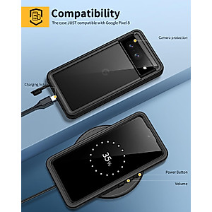 Lanhiem Pixel 8 Case, IP68 Waterproof Dustproof Case with Built-in Screen Protector, Rugged Full Body Shockproof Protective Clear Cover for Google Pixel 8 6.2 Inch, Black