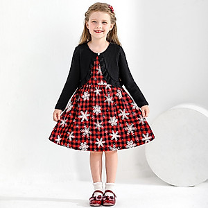 Baby Girl Holiday Dress Outfit Christmas Clothes Set Toddler Christmas Print Plaid Tank Dress and Red Ruffle Cardigan 4-5 Years