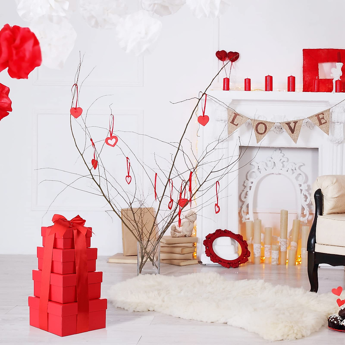 Clabby Square Nesting Gift Boxes with Lid Christmas Rigid Gift Box, 4 Assorted Sizes Boxes for Presents with 1 Roll Ribbon for Valentines Bridal Bridesmaid Wedding Anniversary Favor (Red)