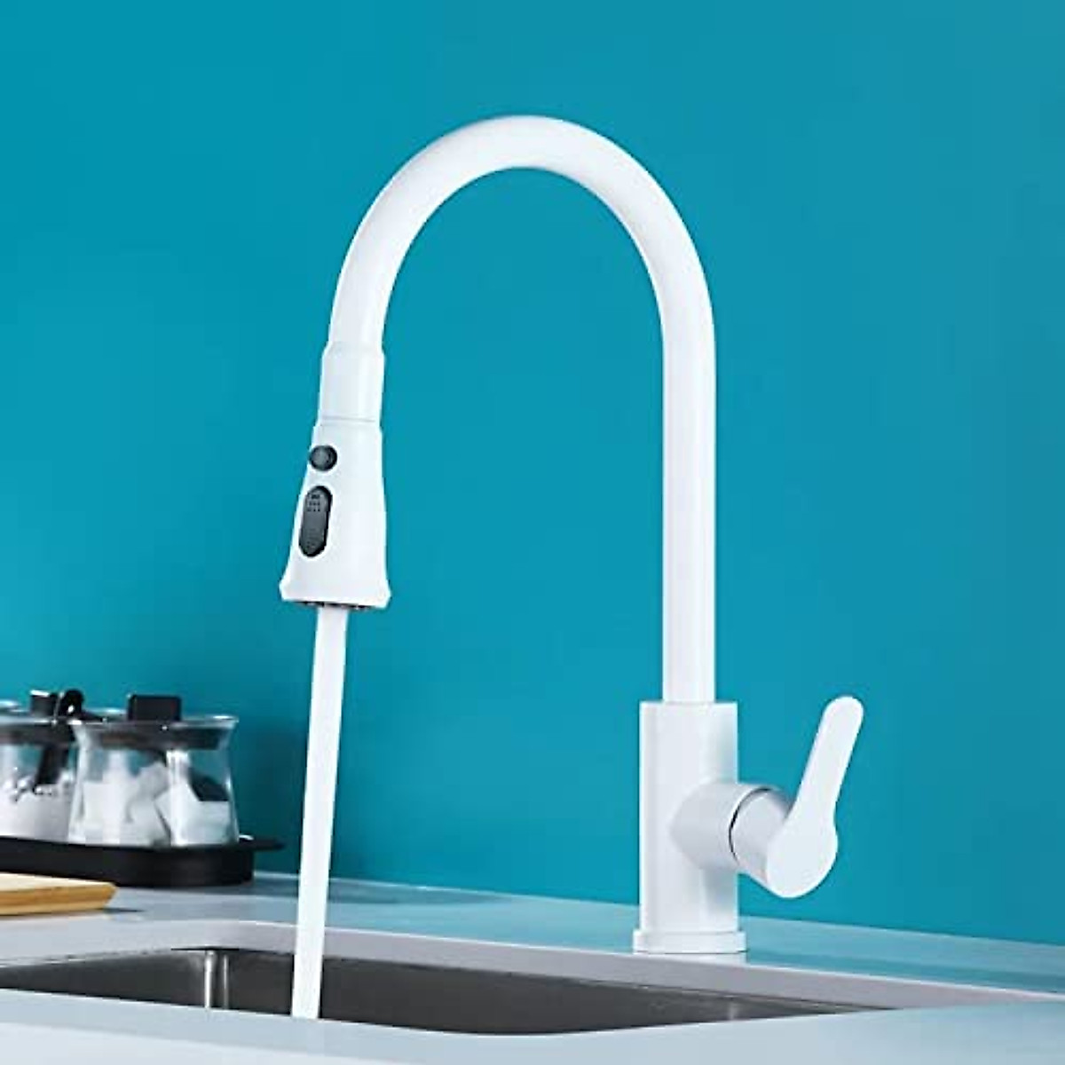 Yawhite Sleek White Kitchen Faucet with Pull Out Sprayer, 360 Degree Swiveling 3-Function Single Handle Modern Pull Down Kitchen Faucet(White)