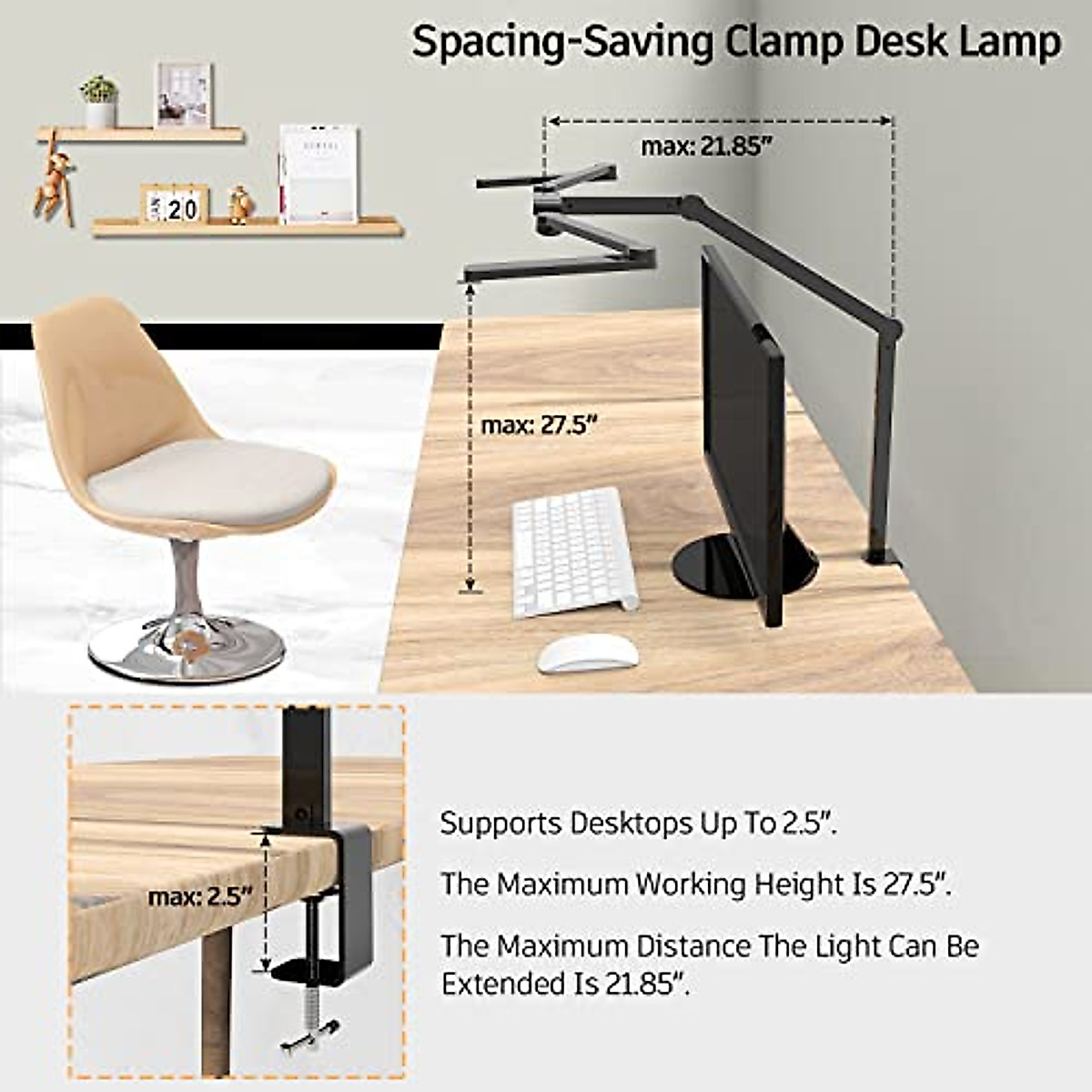 EPABINA Transformable LED Desk Lamp, 41.5" Large Architect Desk Lamp with Clamp, Desk Light with 3 Light Bars for Home Office, 24W Auto Dimming Office Lighting Table Light for L Shaped Desk