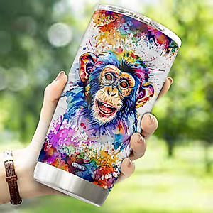 WONWIX Personalized Monkey Tumbler Gifts for Women Monkey Lover Custom Name Watercolor Coffee Cup Travel Mug Gift for Her Girls 20oz Insulated Stainless Steel With Lid