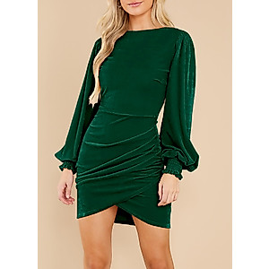 MITILLY Women's Elegant Velvet Long Sleeve Bodycon Dress Wrap Ruched Wedding Guest Formal Cocktail Mini Dress Medium Dark Green