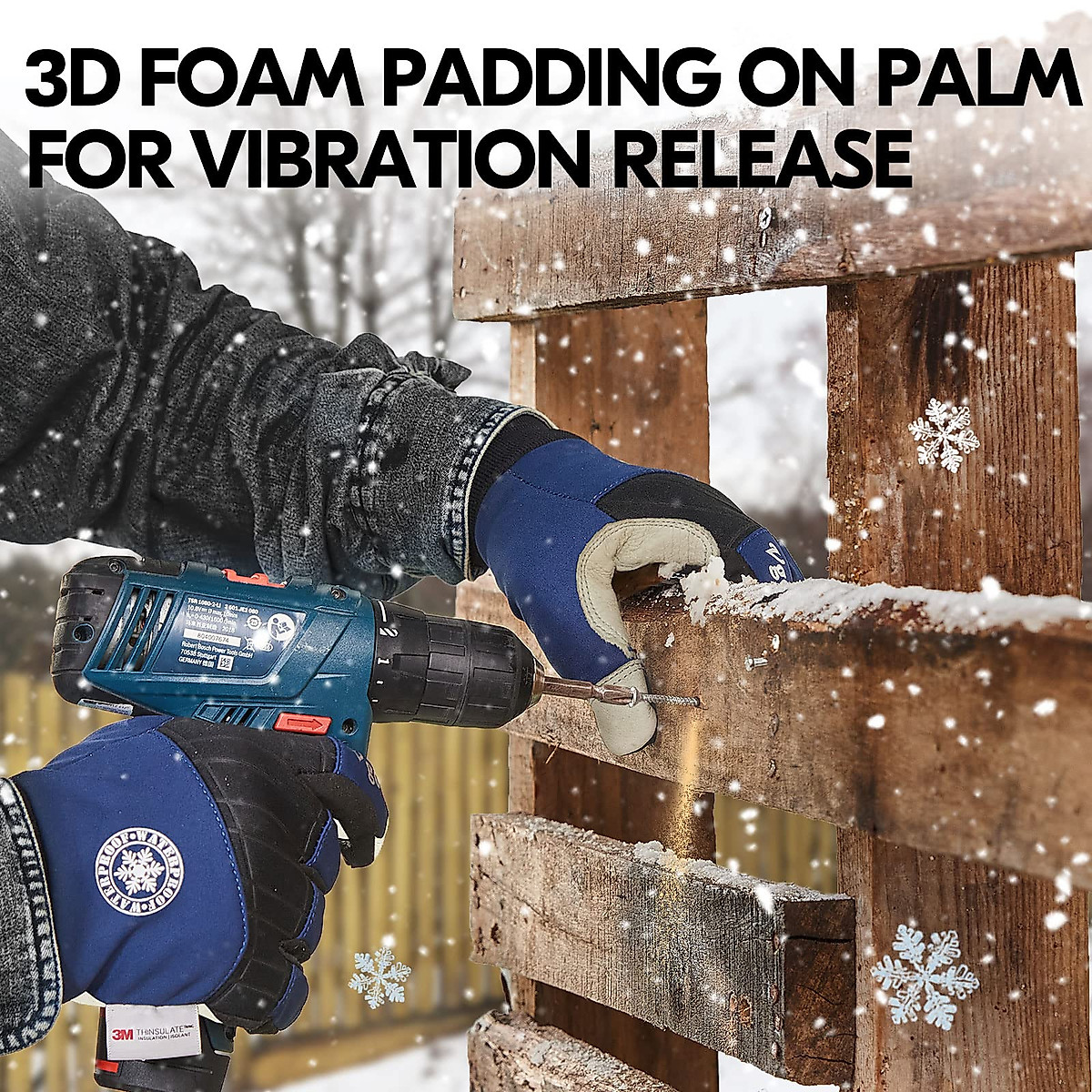 Vgo... 1-Pair 32℉ or above Lined Winter Premium Pigskin Leather Waterproof Work Gloves (Size L, Dark Blue, PA1015FW)