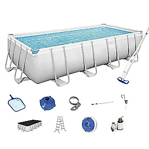 Bestway 18' x 9' x 4' Power Steel Frame Above Ground Rectangular Swimming Pool Set w/ 1000 GPH Sand Filter Pump, Pool Cover, Ladder, Skimmer, & Vacuum