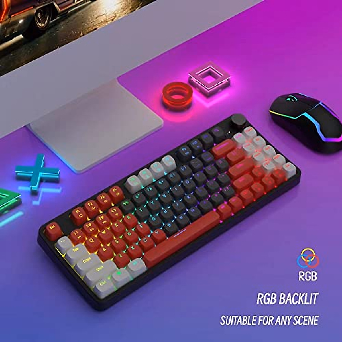 OCG Wireless Mechanical Keyboard, 2.4G/USB-C/Bluetooth Gaming Keyboards 86 Keys Hot Swappable NKRO Keyboard with RGB Backlit for Windows & Mac, UV Finished Keycaps,Multi-Function Knob