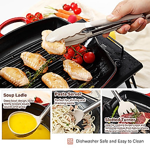 NCUE Kitchen Utensils Set, 35 Pcs Silicone Cooking Utensils Set with Holder, with Stainless Steel Handle Spatula Set, Spoons, Pasta Server, Cheese Grater, Masher, Scissors, Dishwasher Safe (Khaki)