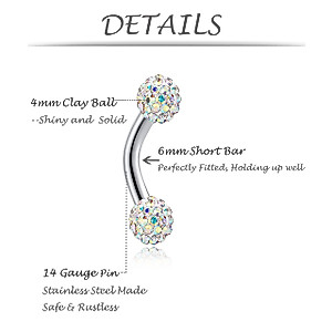 Tornito 6PCS 14G Short Bar Stainless Steel Belly Button Rings 6mm Bar Navel Rings for Women Barbell Dangle Body Piercing Jewelry