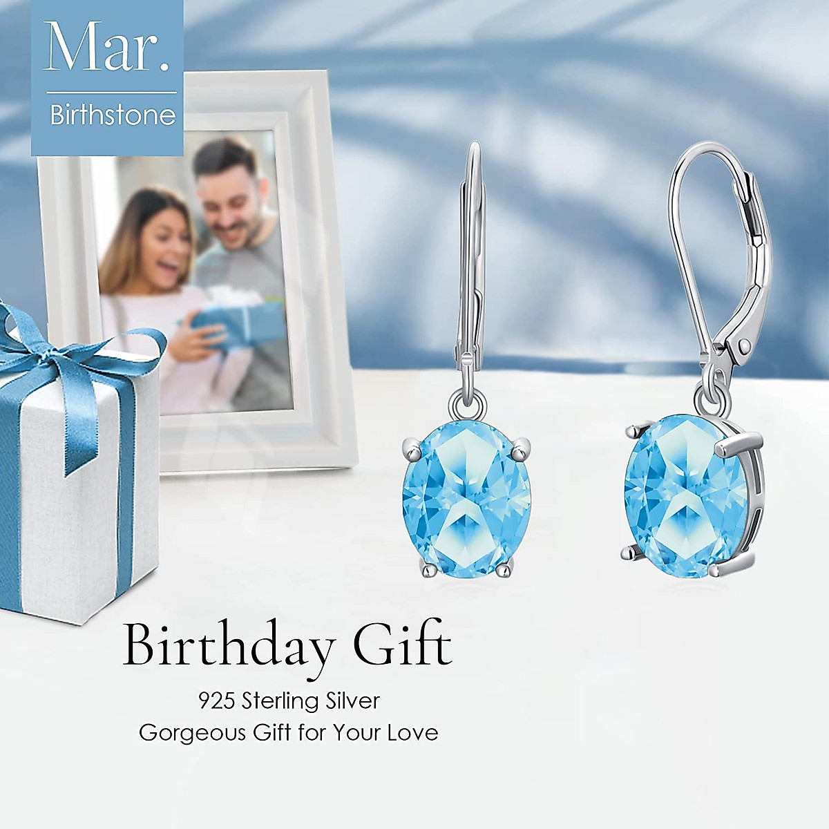 Blue Birthstone Earrings 925 Sterling Silver Created Aquamarine Earrings for Women, Birthday Dangle Earrings for Women