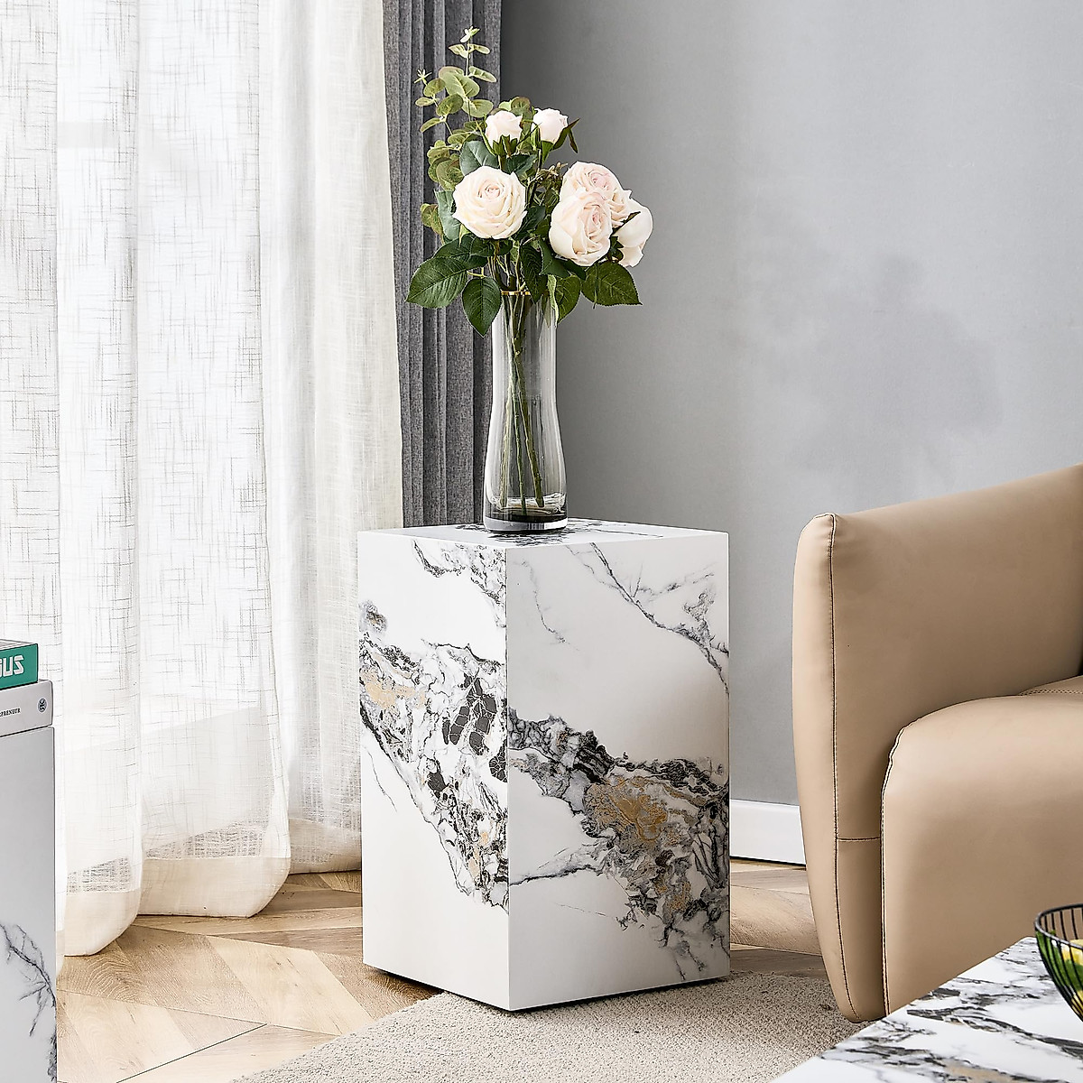 TesNus Modern Nightstand, White Bed Side Tables with Faux Marble Grain, Couch Side Tables with Cube Stylish Accent, End Table for Bedroom,Living Room (White-11.81 inch)