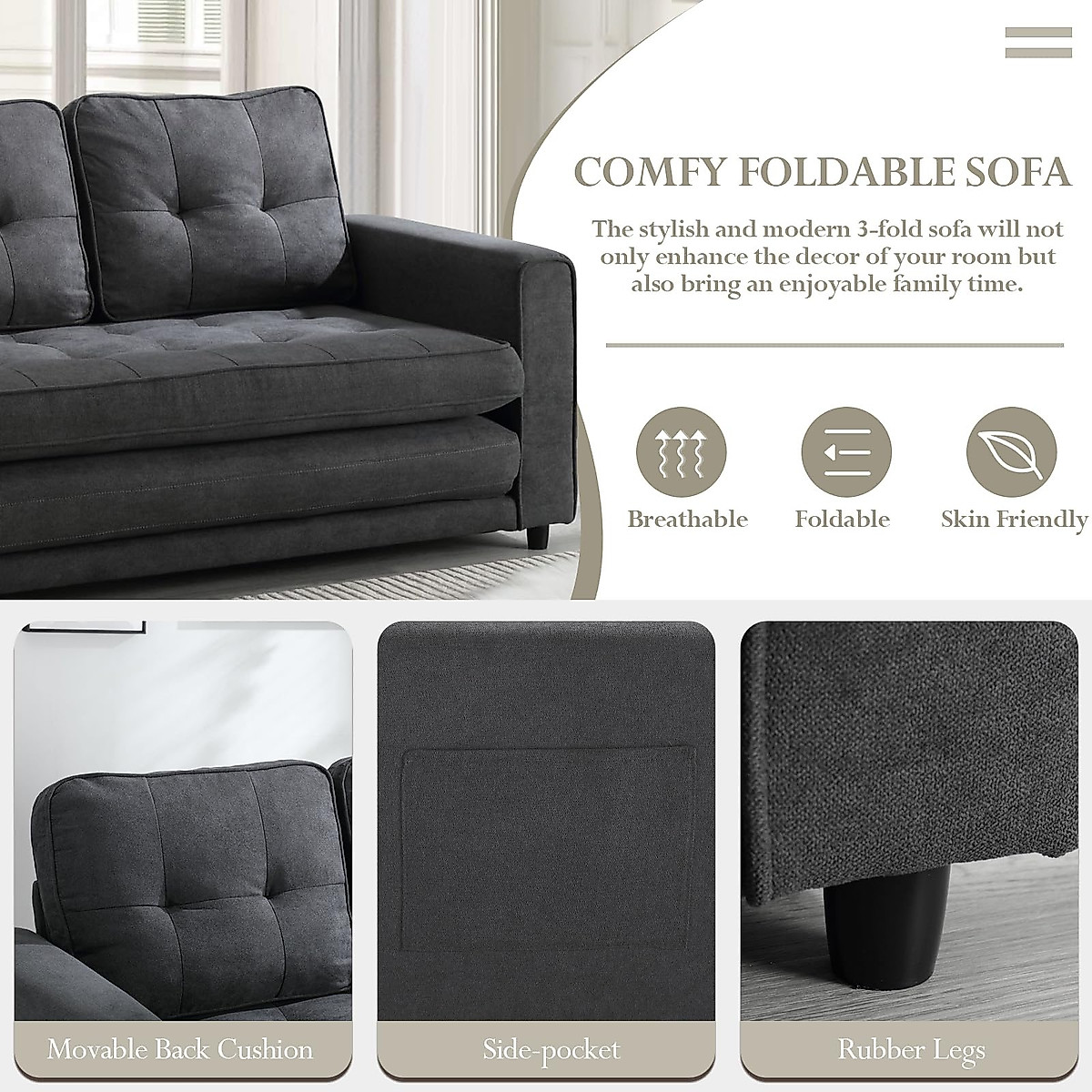 JEEOHEY Loveseat Sleeper, 83”L Convertible Sofa Bed Couch for Living Room, Folding Futon Couches for Small Spaces Apartment, Foldable Floor Gaming Sofa Couch with Legs, Back Cushion, Grey