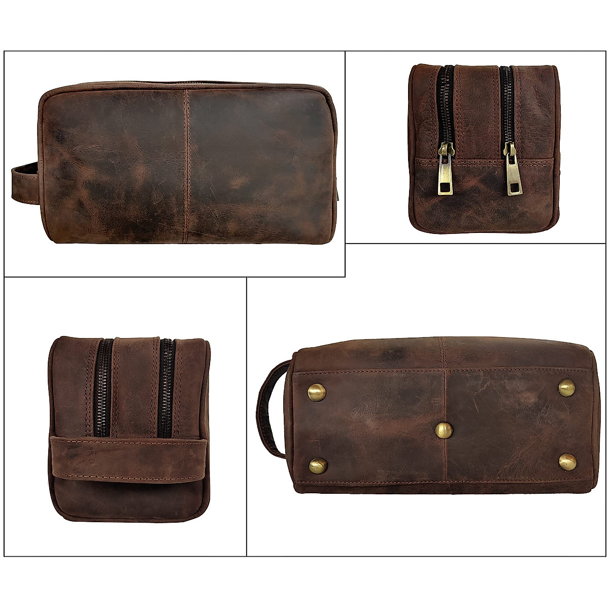 RUSTIC TOWN Full Grain Leather Travel Toiletry Bag - Dopp Kit Organizer (Dark Brown)