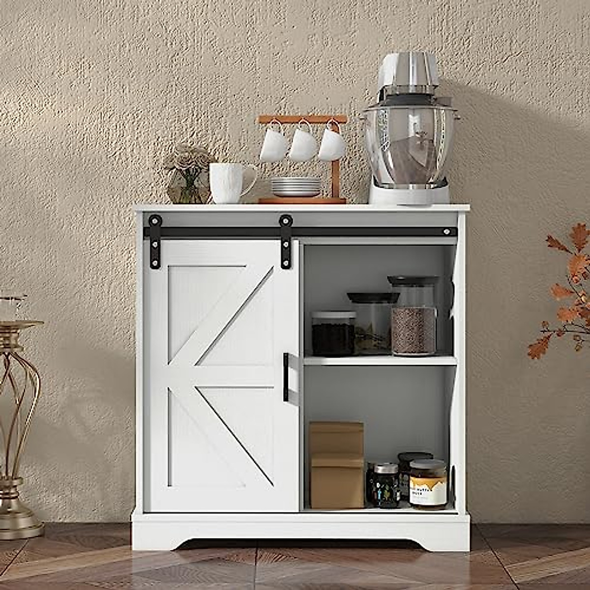 Panana Sliding Barn Door Buffet Sideboard Storage Cabinet Coffee Bar Kitchen Farmhouse Style (White Cabinet)