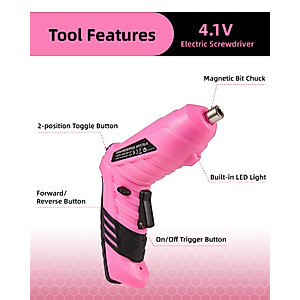 Durofort Pink Cordless Electric Screwdriver Set, 4.1V Rechargeable Small Electric Drill with 48pcs Driver Bit Set, Power 3Nm Screw Gun with 2 Position Handle, Flexible Shaft LED Light for Women
