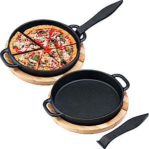 Jingmore 2 Pcs Cast Iron Fajita Skillet Pan 8 Inches Round Plate Sizzling Pan with Removable Handle and Trivet Cast Iron Frying Pan Nonstick Oven Safe Cookware, Pizza Oven and BBQ Accessories Black