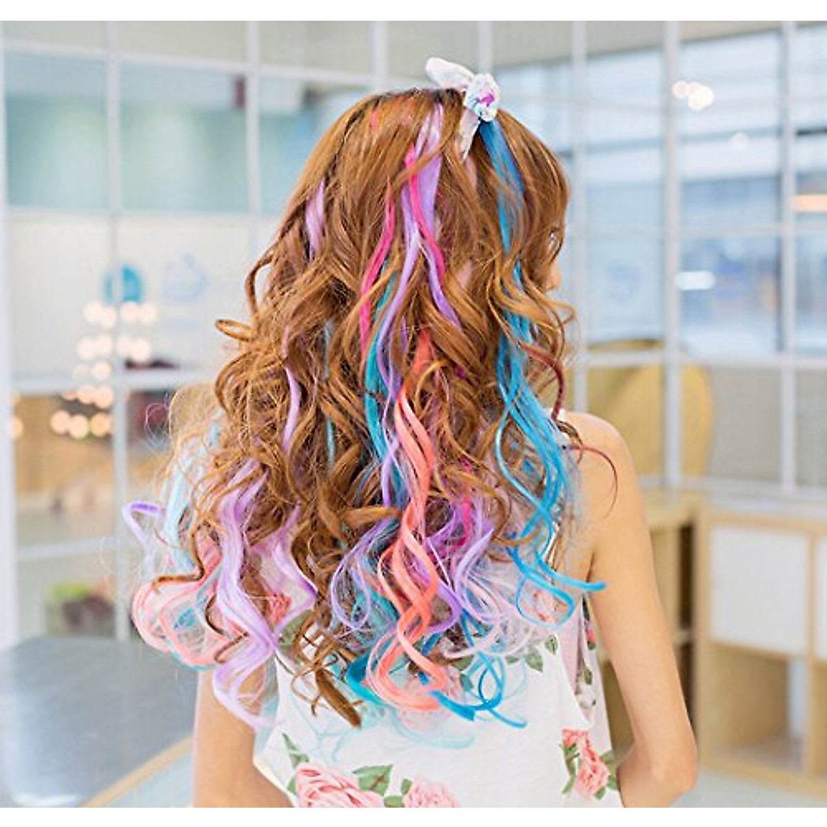 SWACC 22 Pcs Colored Party Highlights Clip on in Hair Extensions Multi-Colors Hair Streak Synthetic Hairpieces (11 Colors 22 Pcs in Set -Curly Wavy)