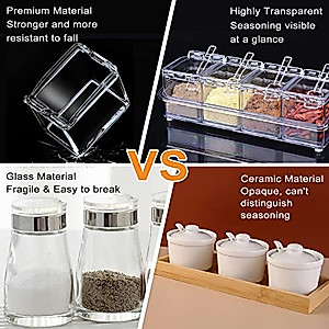 SHAIDOJIO Clear Seasoning Box, 4 Piece Seasoning Rack Spice Pots, Plastic Storage Container Condiment Jars with Lids and Spoon, Kitchen Organization Containers for Spice, Salt, Sugar, Cruet