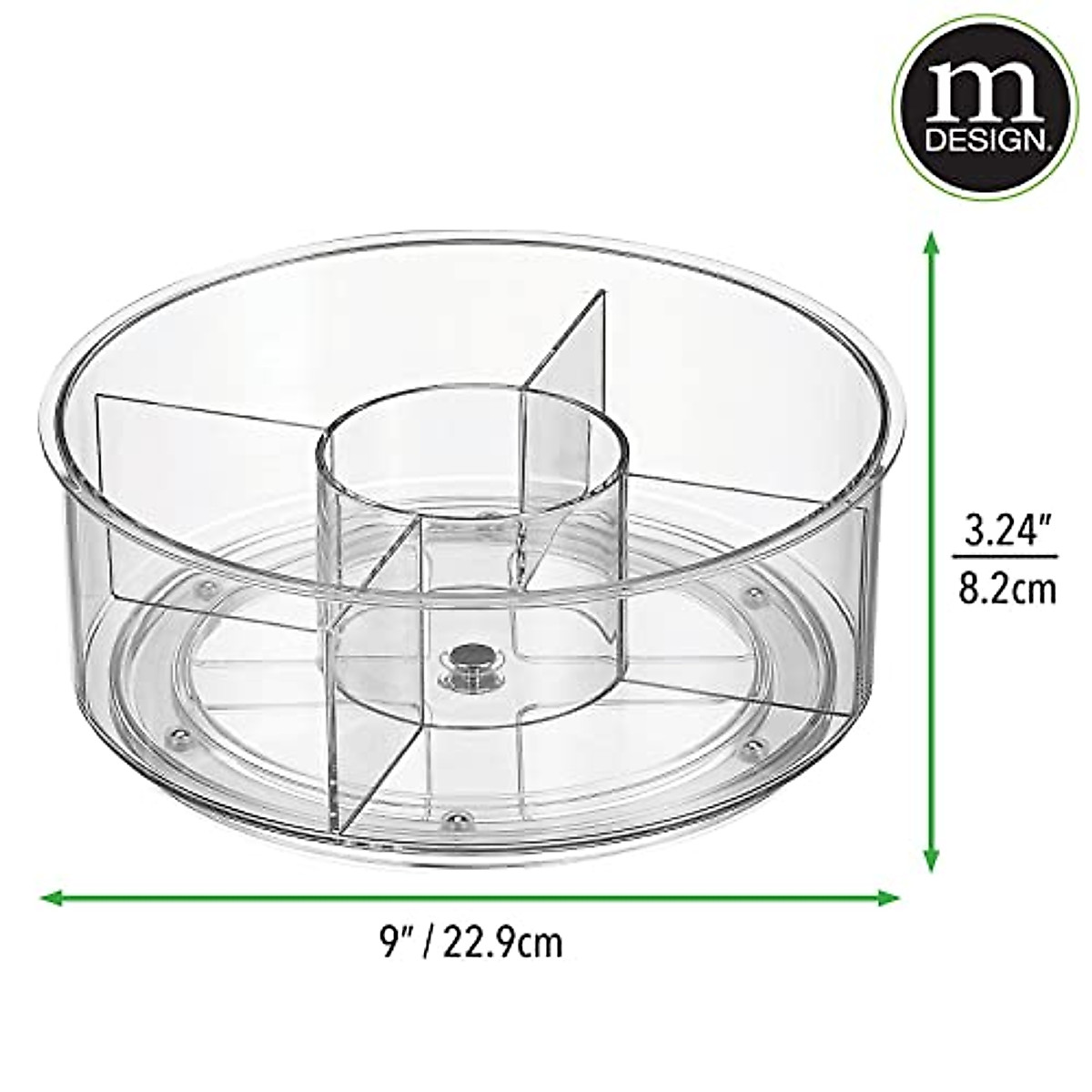 mDesign Lazy Susan Turntable Divided Plastic Spinner for Kitchen Pantry, Fridge, Cupboard, or Counter Organizing, Fully Rotating Organizer for Tea Bags, 9" Round - Lumiere Collection - 2 Pack, Clear