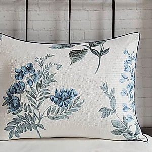 Madison Park Zennia Farmhouse Comforter Set with Throw-Blanket, Floral Print on Seersucker Textures, All Season Bedding, Matching Shams, Toss Pillows, Full/Queen(90"x90"), Blue 7 Piece