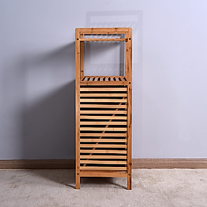 Tilt Out Laundry Hamper, Bamboo Laundry Linen Hamper with Storage Shelves & Removable Clothes Basket, 2 Tier Freestanding Laundry Shelf for Guest Bathroom Laundry Room, Natural