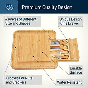 RoyalHouse Unique Bamboo Cheese Board and Knife Set with Slide-Out Cutlery Drawer - Charcuterie Boards Set & Cheese Platter - Ideal Anniversary, Wedding and Housewarming Gift