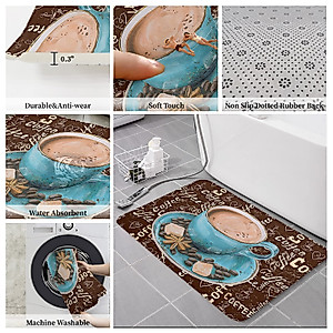Coffee Kitchen Rugs Set 2 Piece 18x30in+18x47.2in, Non-Slip Kitchen Mats Set Rubber Backing Indoor Entry Door Mat Carpets - Vintage Blue Coffee Cup Beans Sugar Lump Brown