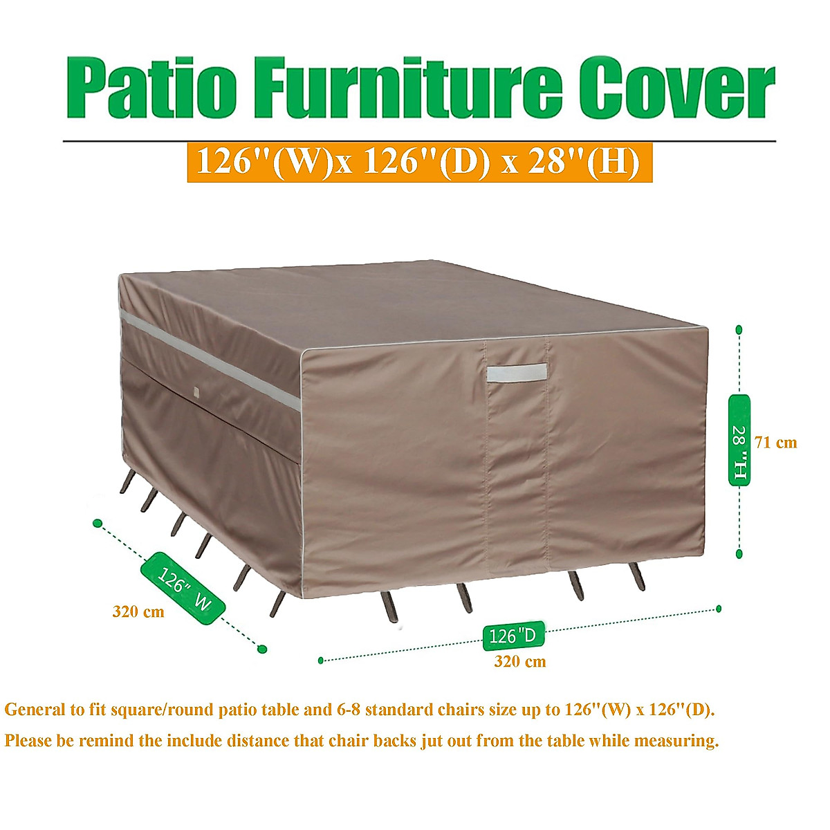Garden Balsam Heavy Duty Waterproof Patio Furniture Covers,Fade Resistant Outdoor Table and Chair Covers Large Square 126"Wx 126"D x 28"H Brown
