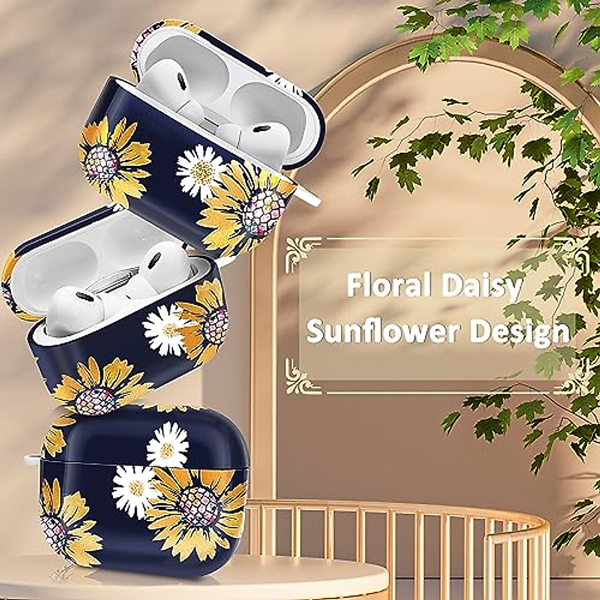 Casewind Compatible with AirPods Pro Case, [with Keychain] Glitter Floral Sunflower Cute AirPod Pro Case Cover Full Protective Hard Shockproof AirPods Pro Case for Women Girl Men,Front LED Visible