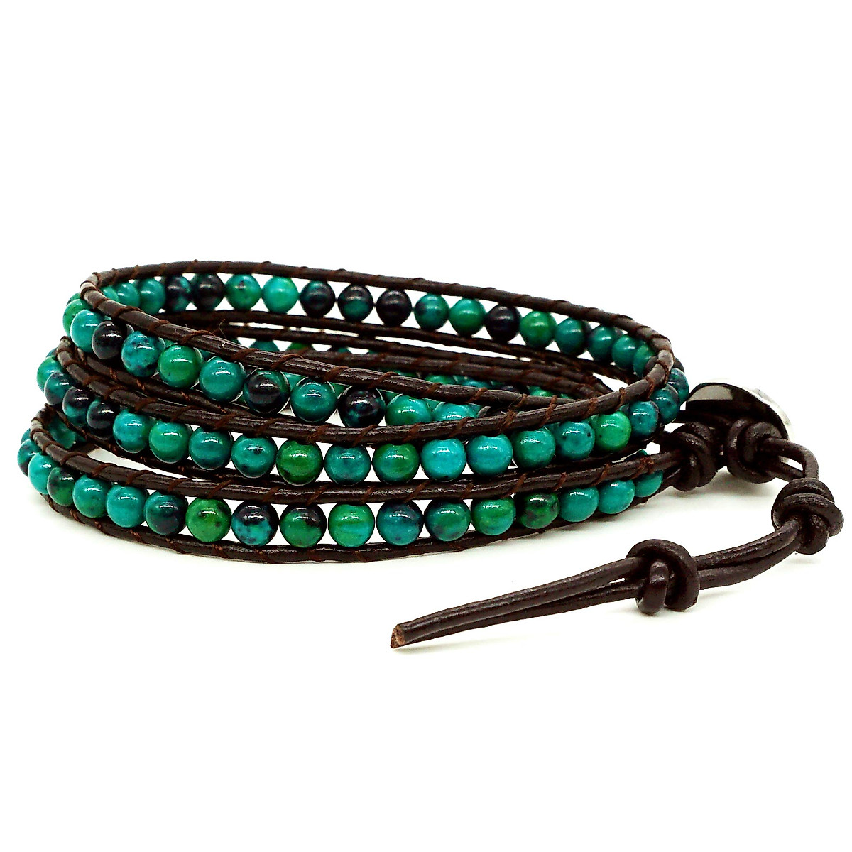 BLUEYES COLLECTION "Amicable Blue Mix Green ChrysocollaGemstone Beads Genuine Leather Bracelet, 3 Wraps