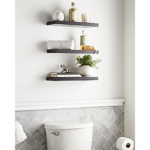 BAYKA Floating Shelves, Wall Mounted Rustic Wood Shelves for Bathroom, Bedroom, Living Room, Kitchen, Small Hanging Shelf for Books/Storage/Room Decor with 22lbs Capacity (Black, Set of 3, 16in)