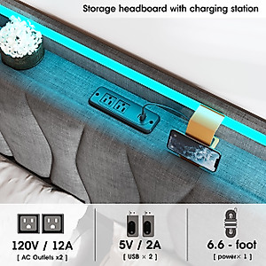 Queen Size Lift Up Storage Bed Frame, Height Adjustable Storage Headboard with Charging Station, LED Lights Upholstered Platform Bed, Wooden Slat Support, No Box Spring Needed, Noise-Free, Dark Grey