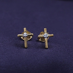 Round Natural White Diamond Cross Stud Earrings For Women's In 14K Yellow Gold Over Sterling Silver, Push Back Earrings Gift For Her