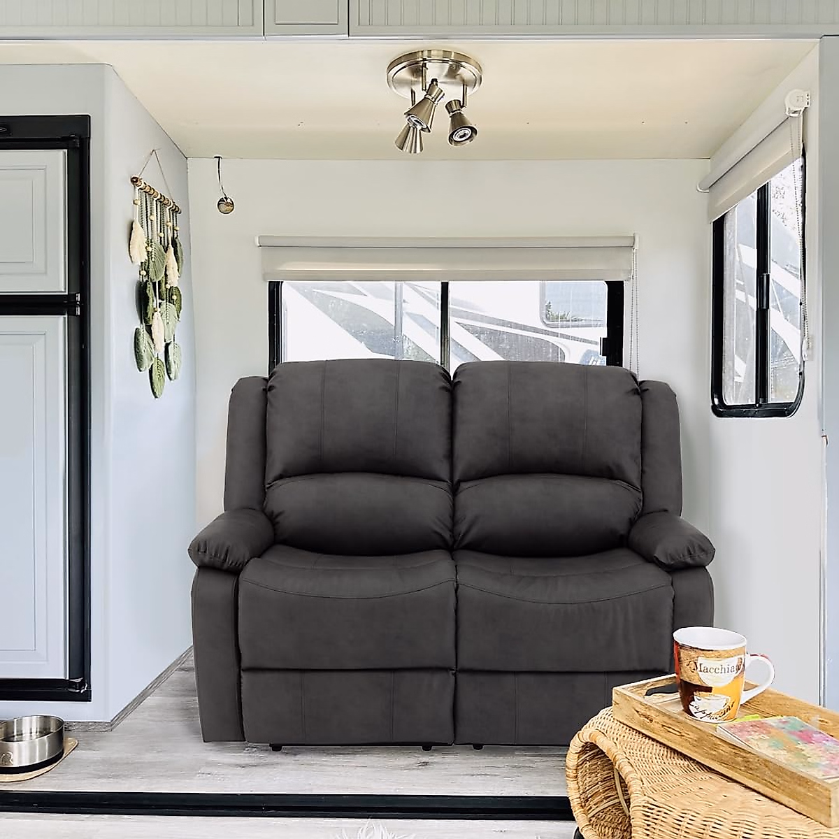 RecPro Charles 58" Double Recliner RV Sofa | Zero Wall Loveseat for Camper | Wall Hugger Couch | Fifth Wheel Theater Seating | Upgraded 2023 Fabric (Gunmetal)