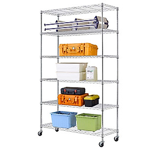 6 Tier Wire Shelving Unit Rack NSF Heavy Duty Height Adjustable Storage Shelf Metal Shelving with Wheels/Feet Levelers Garage Rack Kitchen Rack Office Rack Commercial Shelving - Chrome - 48x18x82