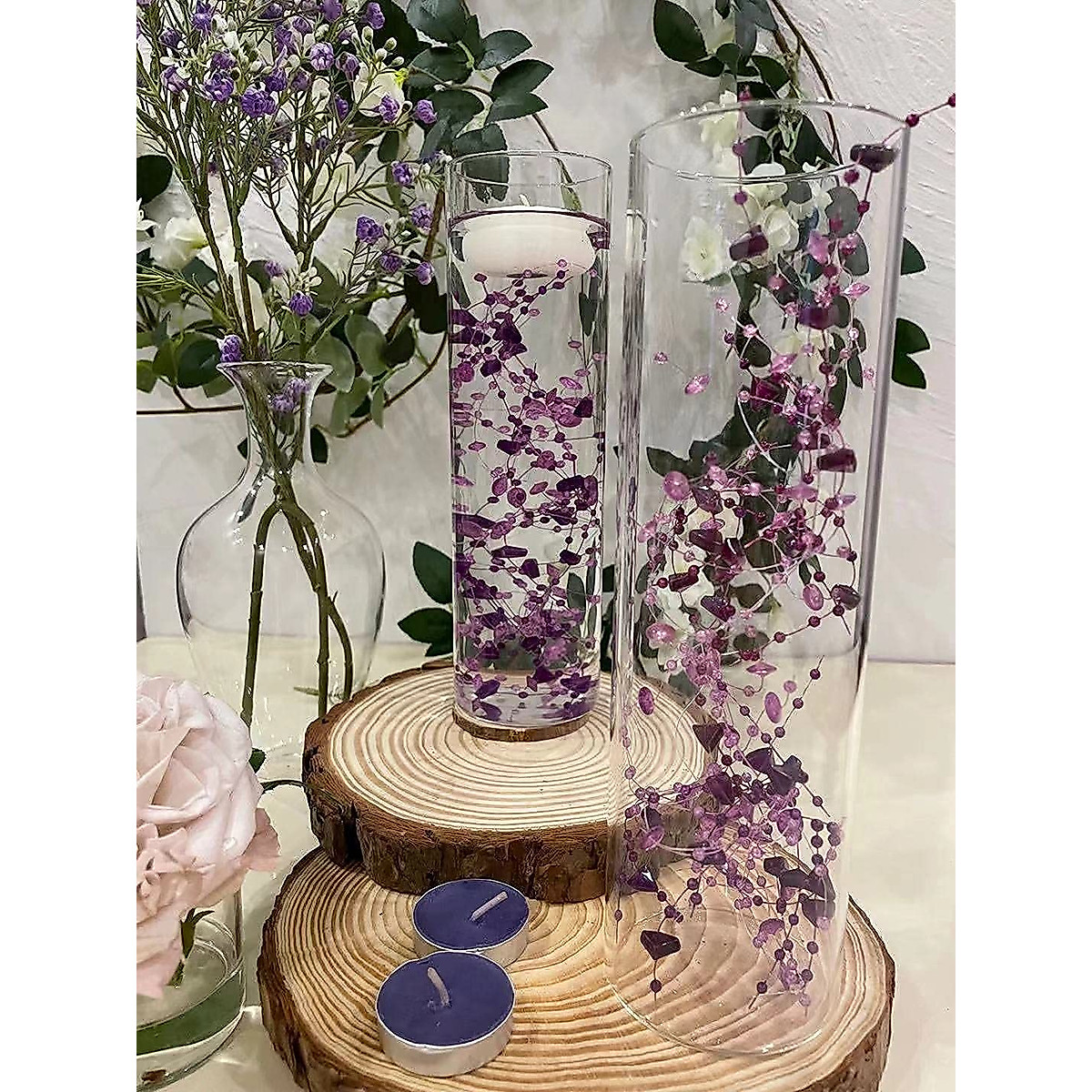 TeaSu 12pcs Purple Crystal String, for Floating Candles Centerpieces Table Decorations, Crystal Bead Filler for Party, Birthday Decorations