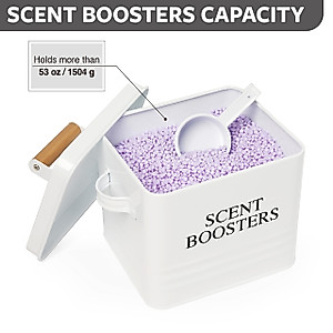 Calindiana Modern Farmhouse Metal Laundry Scent Booster Beads Dispenser Container with Scoop for Laundry Room Decor and Accessories and Space Saving Laundry Room Organization and Storage, White