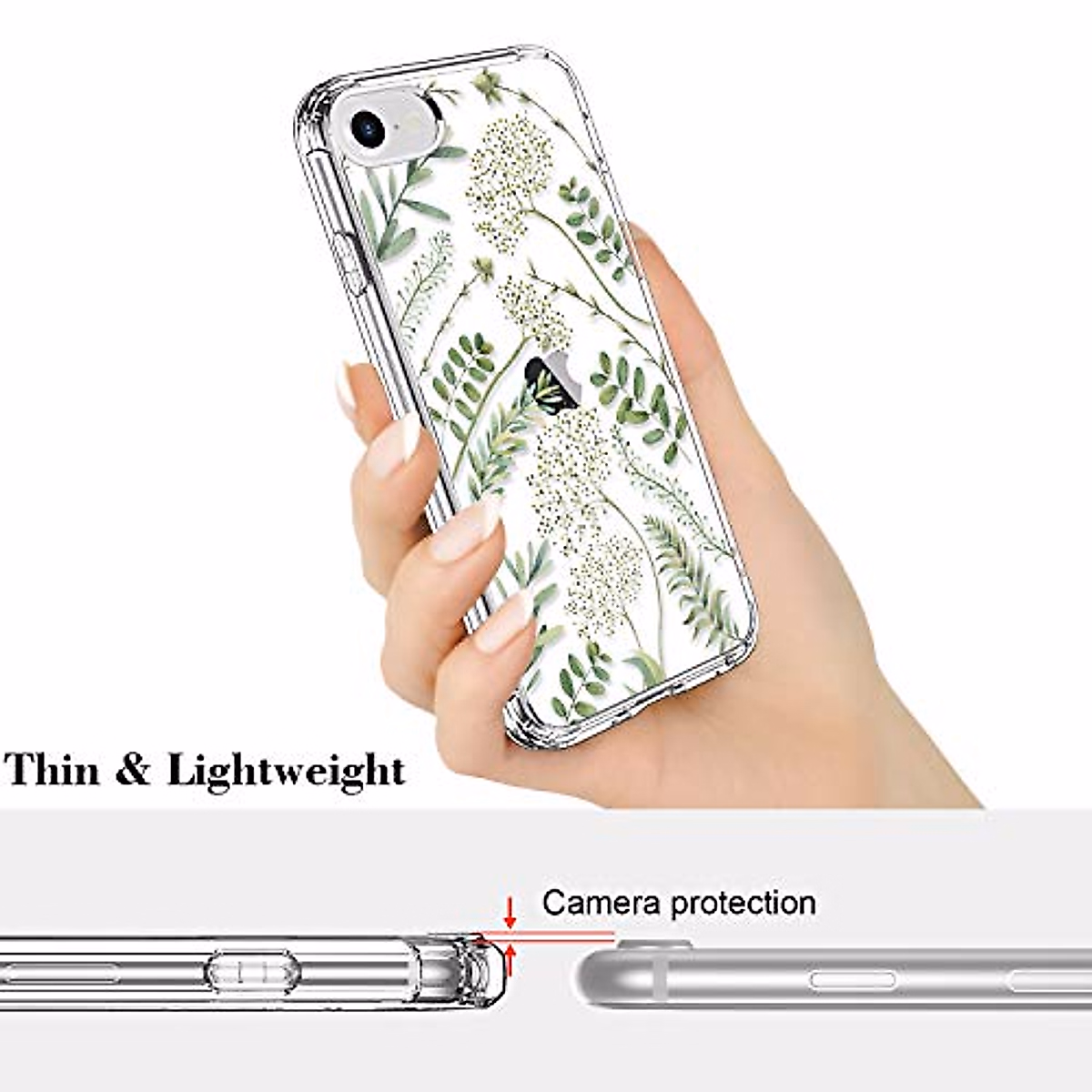 ICEDIO iPhone SE 2022 Case,iPhone SE 2020 Case,iPhone 8 Case,iPhone 7 Case with Screen Protector,Clear TPU Cover with Fashion Designs for Girls Women,Protective Phone Case Green Leaves Floral