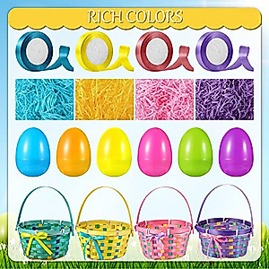 Easter Woven Bamboo Basket with Handles Sets Include Easter Round Basket, Grass Shred, Plastic Fillable Easter Eggs, Colorful Satin Ribbon, Clear Plastic Bag for Easter Party Supplies (8 Pack)