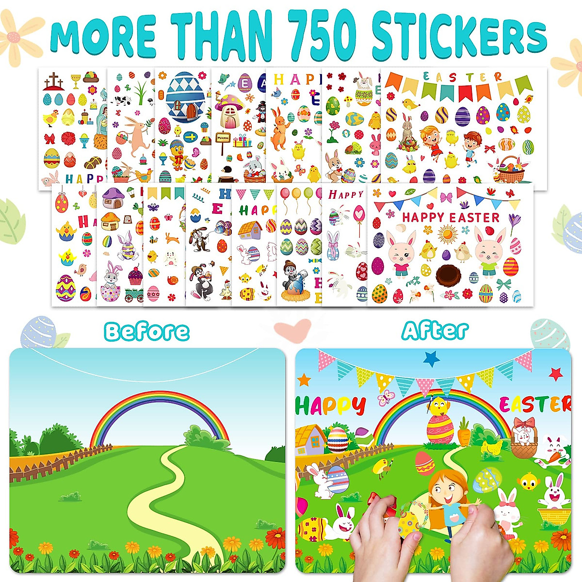 Lionoble Easter Coloring Book for Kids, Easter Gifts Easter Basket Stuffer for Toddler, Big Paint Activity Books with Sticker(15 Scenes& 750+ Stickers), Easter Crafts for Kids 1-3, 4-8 Ages