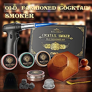 Cocktail Smoker Kit with Torch (No Butane) – Old Fashioned Kits Bourbon Whiskey Smoker Kit with 4 Wood Chips of Cherry, Oak, Apple, Pecan Chips, 4 Ice Cube, Brush,Filter,Spoon Ideal Gifts for Men