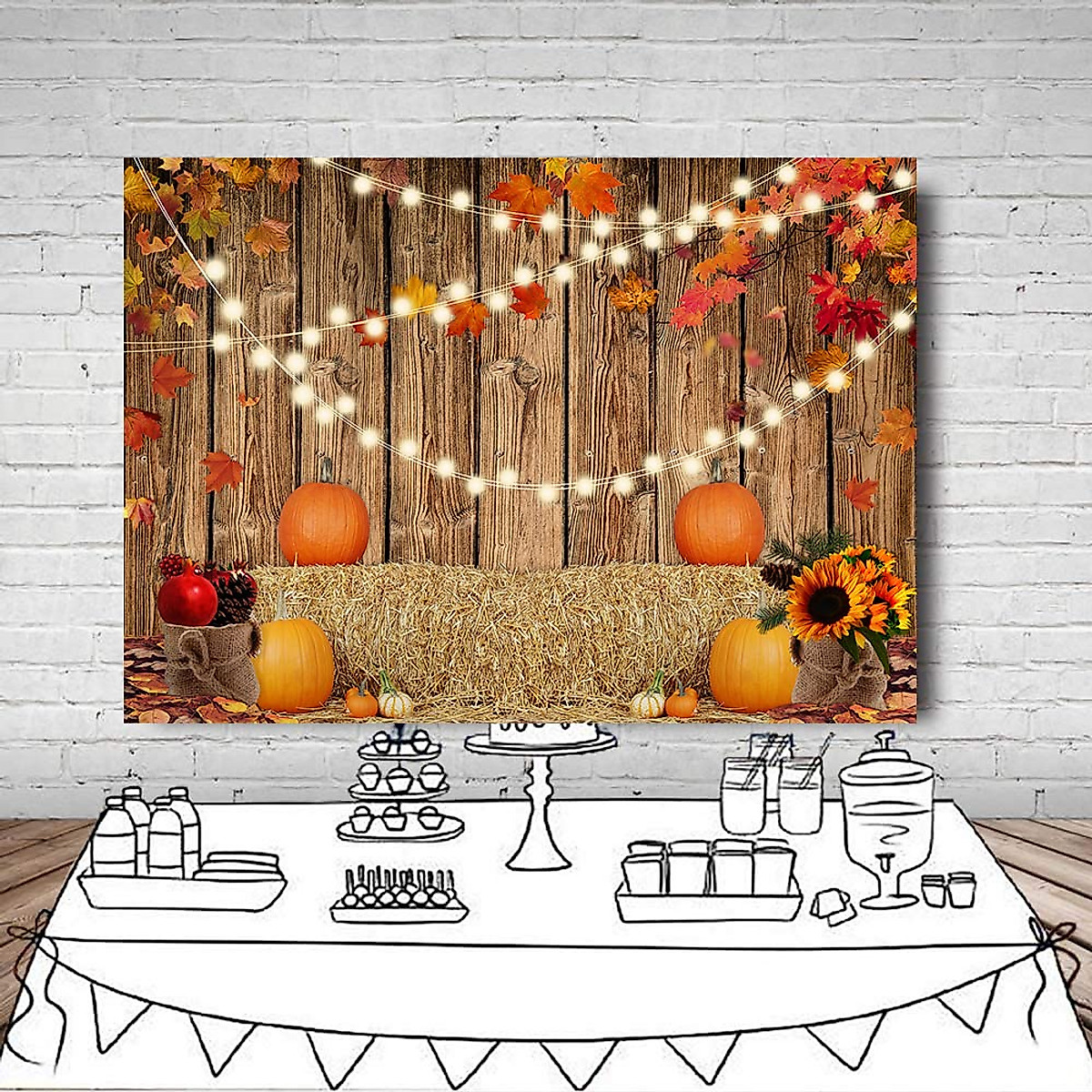 LYWYGG 7x5FT Fall Thanksgiving Photo Backdrop Autumn Retro Board Backdrops Wooden Fence Haystack Pumpkin Photo Background Thanksgiving Party Decorations Studio Photography Props CP-367 Yellow