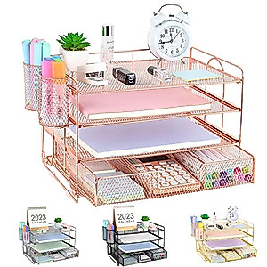 Spacrea Desk Organizers and Accessories - 4 Tier Letter Tray Paper Organizer with Drawer and 2 Pen Holder, Desktop File Organizer for Office Supplies(Rose Gold)